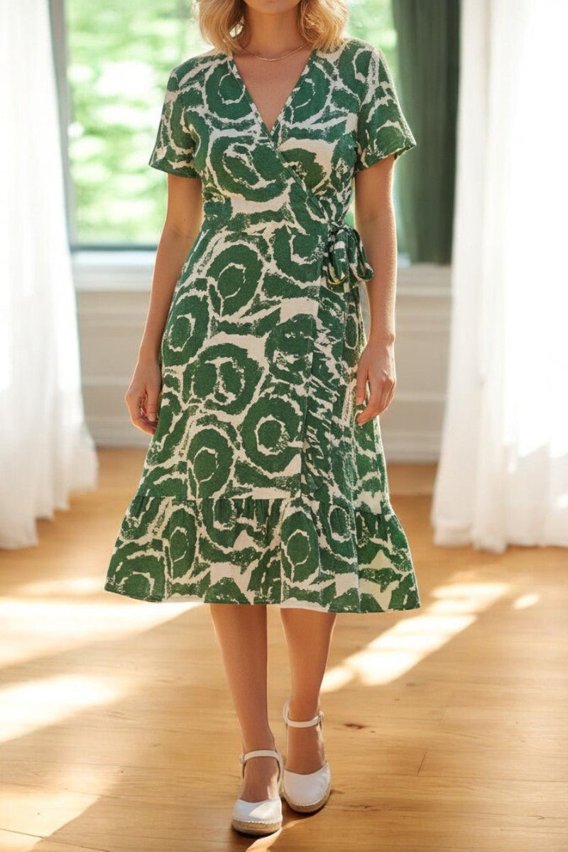 Ladies Ruffel Wrap Dress - White And Green – StylePhase SA